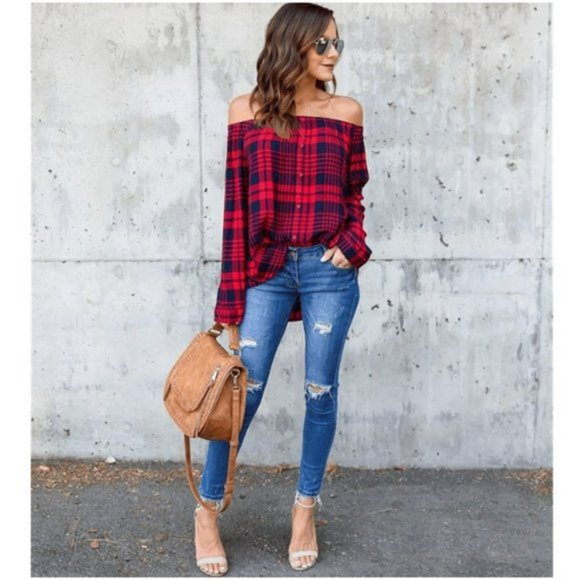 Tops | Red Off Shoulder Plaid Shirt | Poshmark
